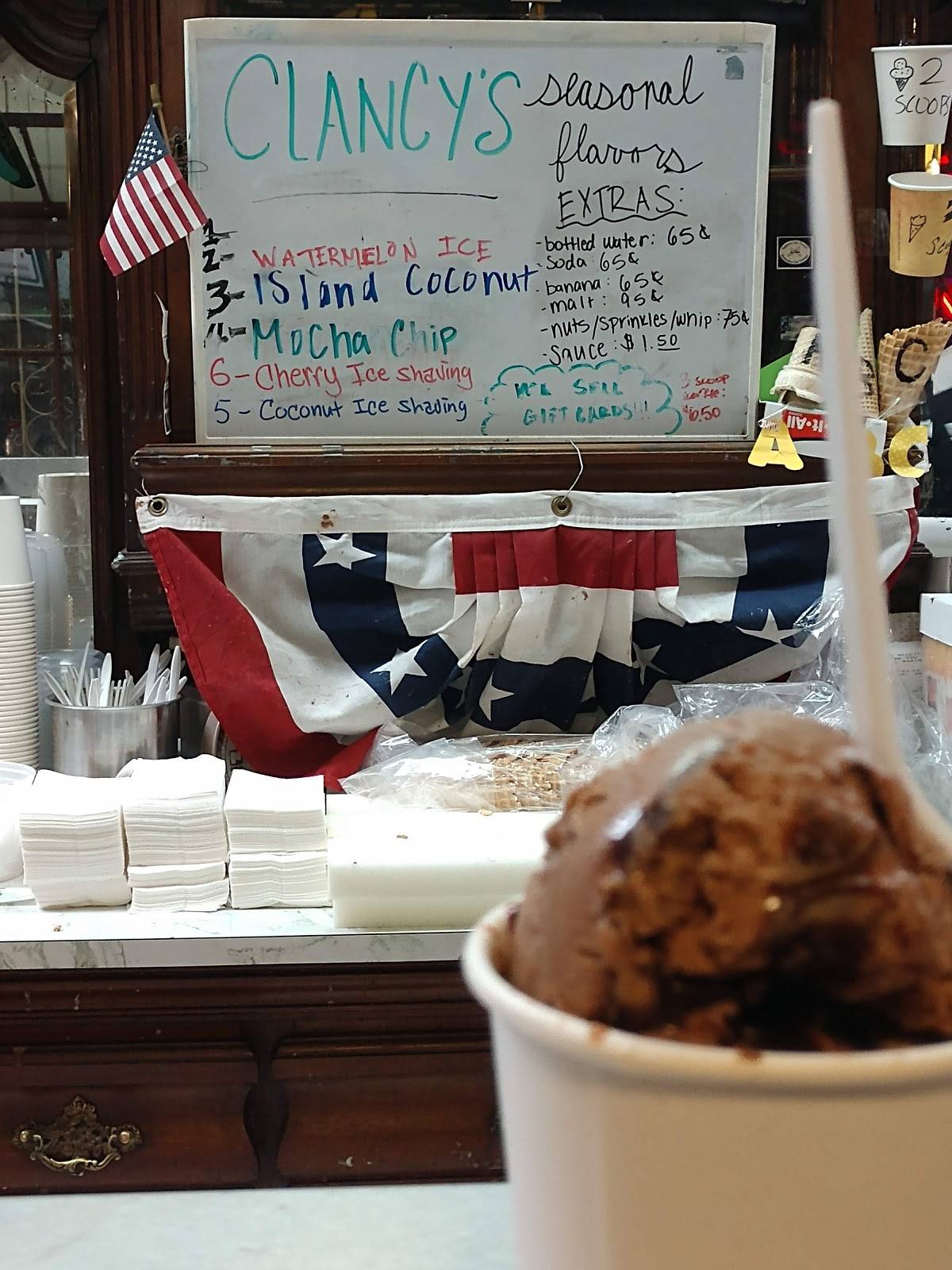 Menu at Clancy's Ice Cream Parlour desserts, San Leandro