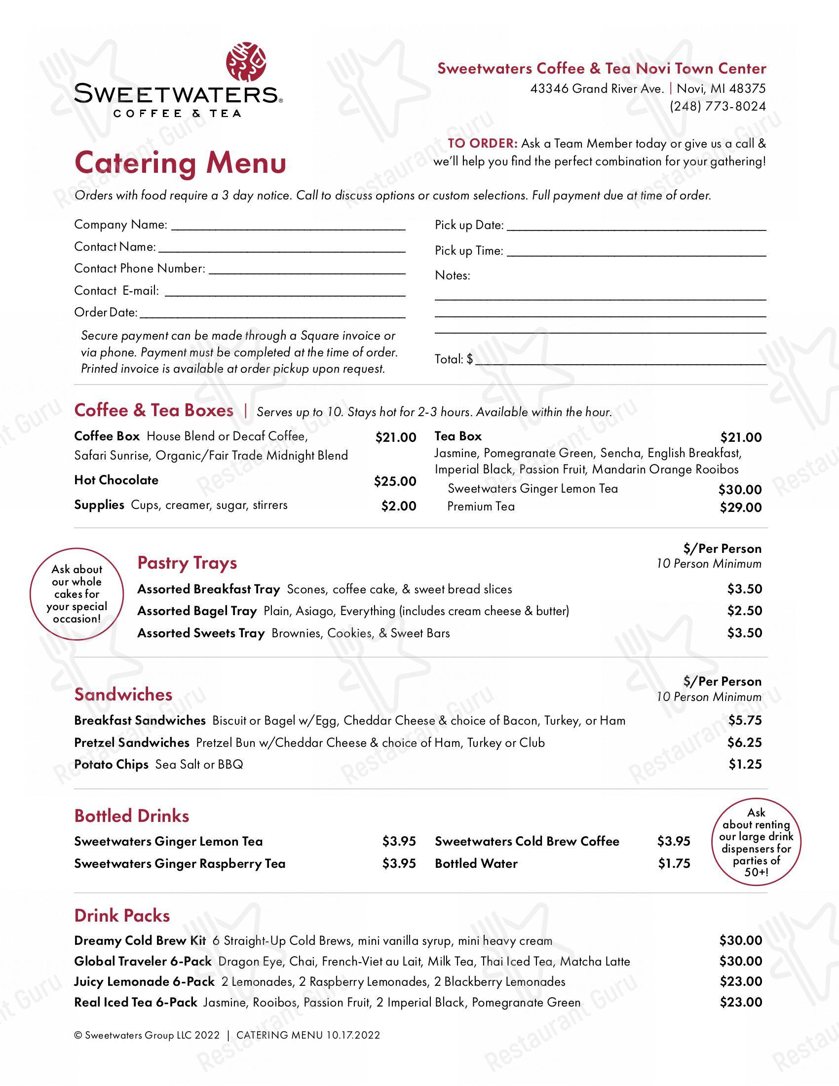 Menu at Sweetwaters Coffee & Tea desserts, Novi
