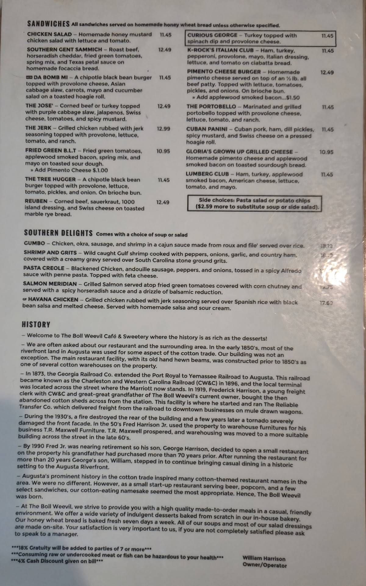 Menu at The Boll Weevil Cafe and Sweetery, Augusta