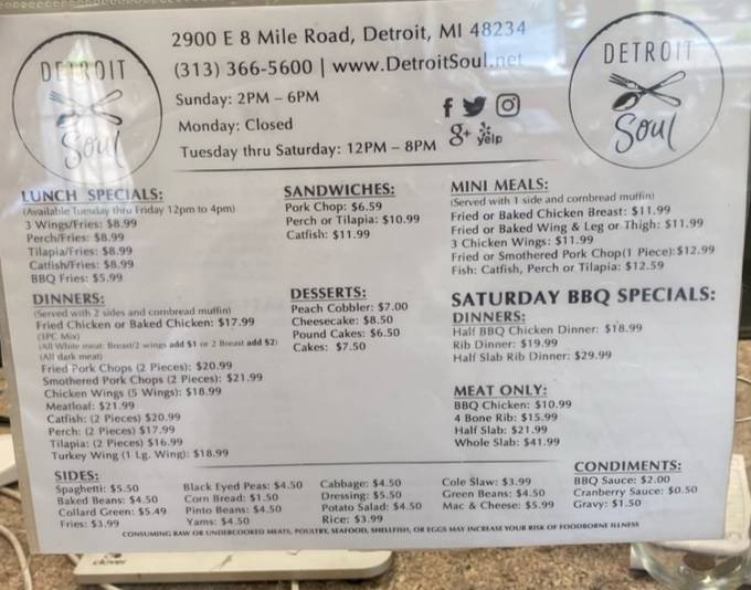 Menu at Detroit Soul restaurant, Detroit, 8 Mile Rd