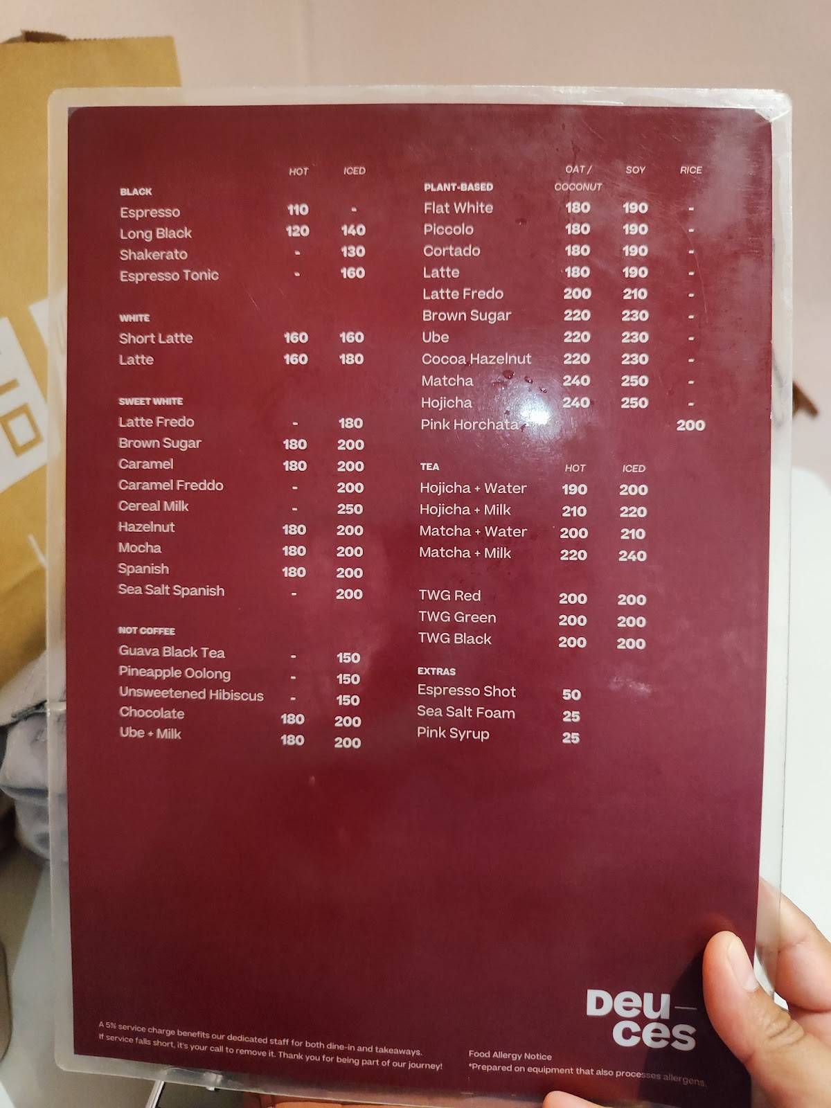 Menu at Deuces Coffee cafe, Makati