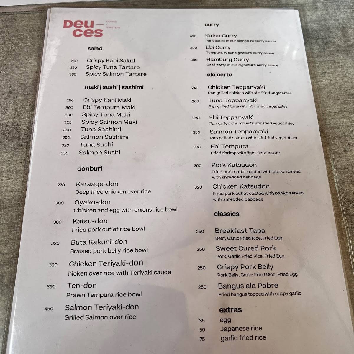 Menu at Deuces Coffee cafe, Makati