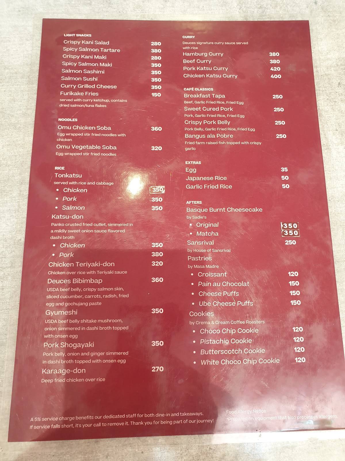 Menu at Deuces Coffee cafe, Makati