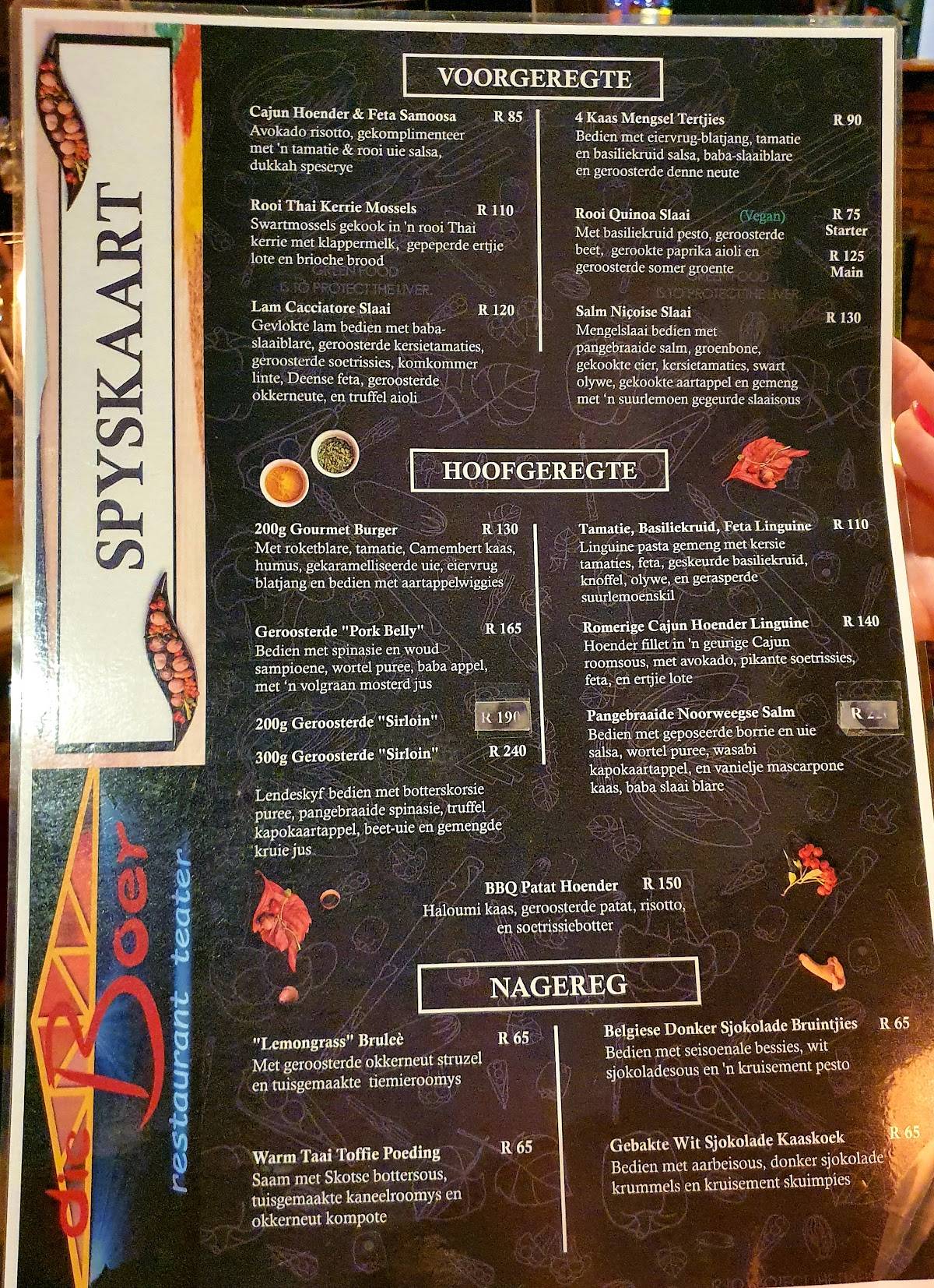 Menu at Die Boer Restaurant Durbanville, Cape Town
