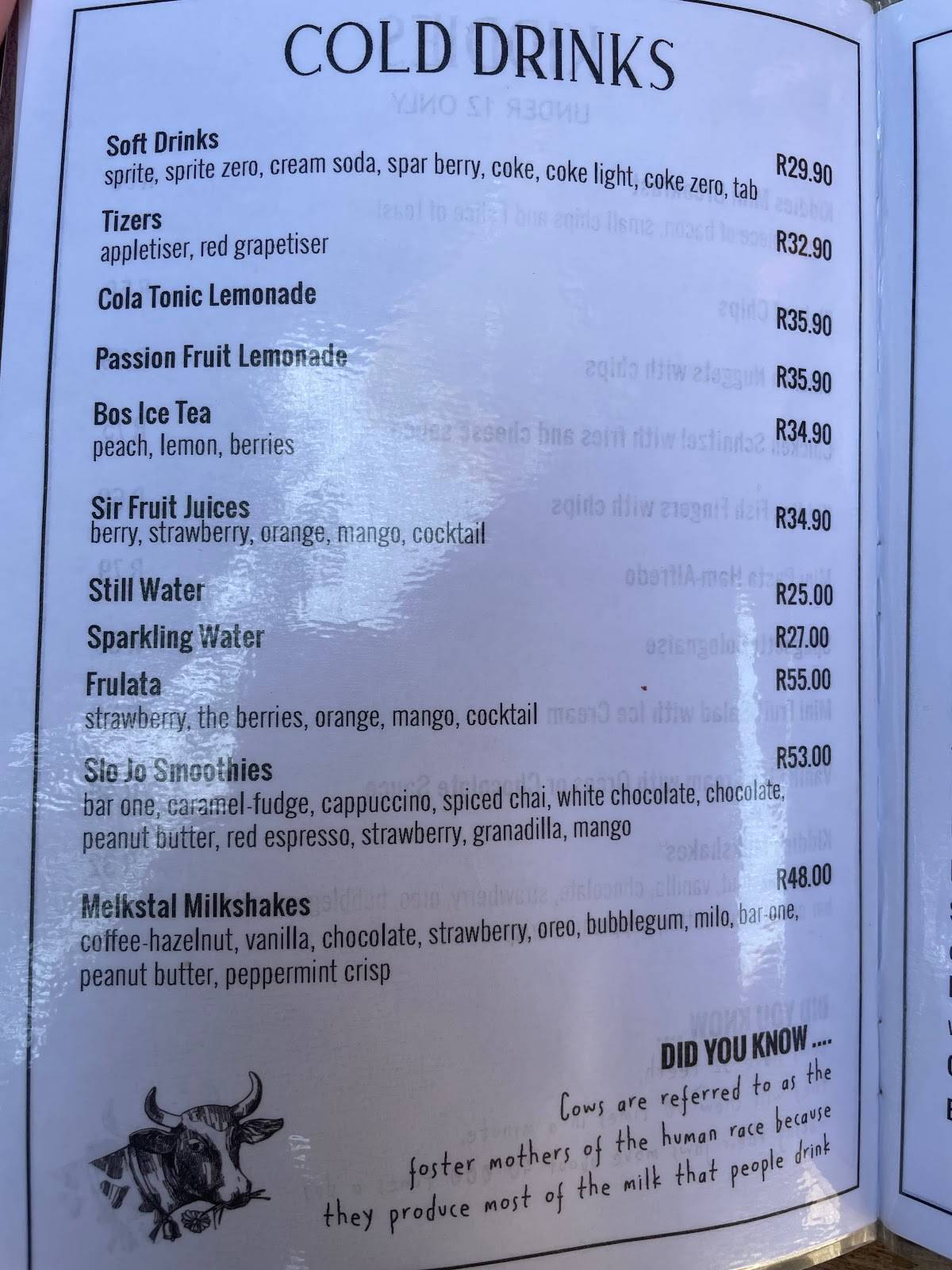 Menu at Die Melkstal cafe, Rustenburg, 188 Kock St