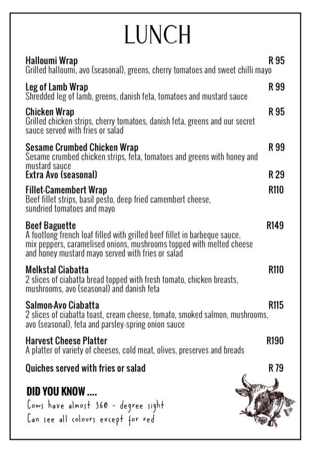 Menu at Die Melkstal cafe, Rustenburg, 188 Kock St