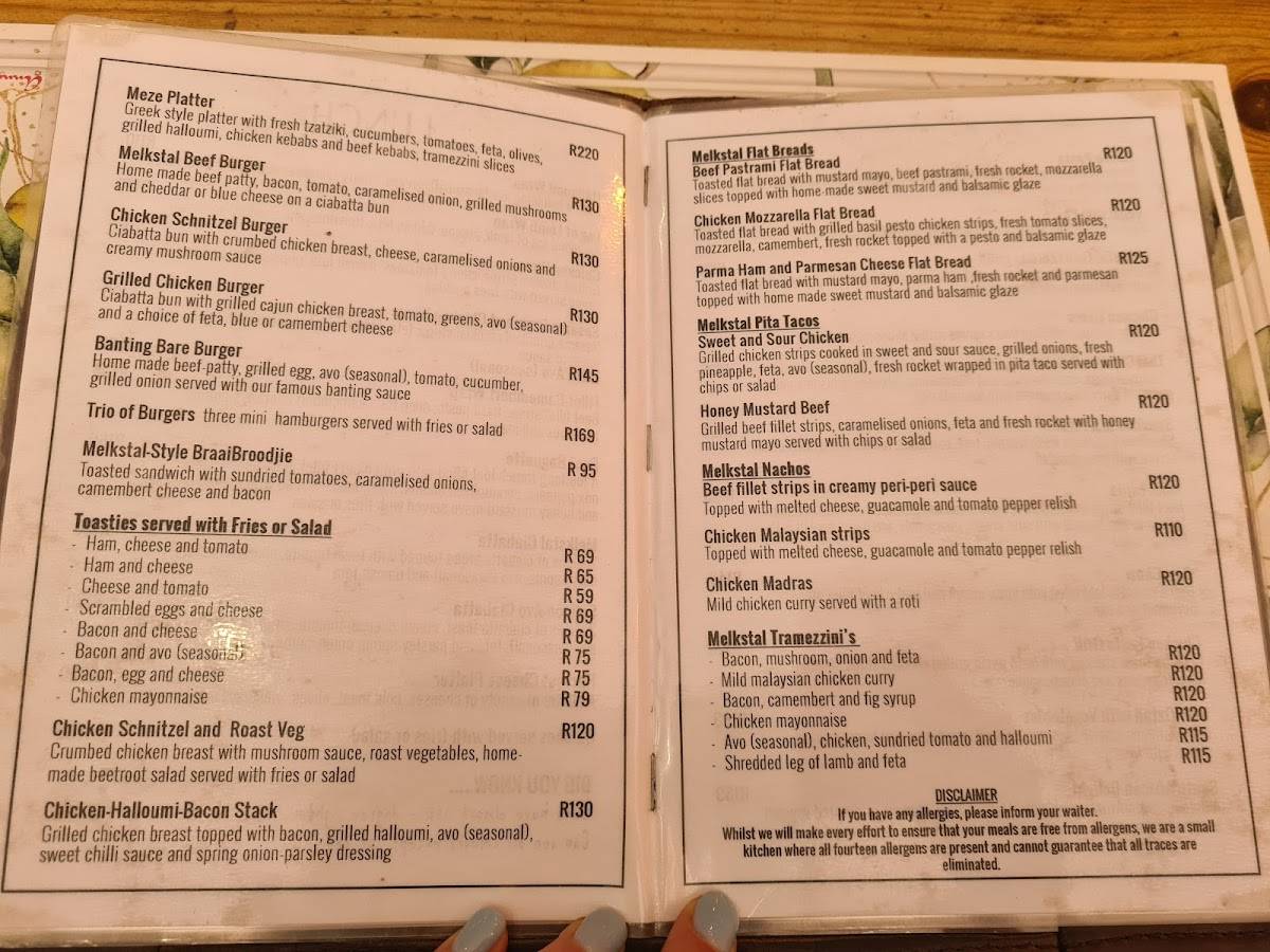 Menu at Die Melkstal cafe, Rustenburg, 188 Kock St