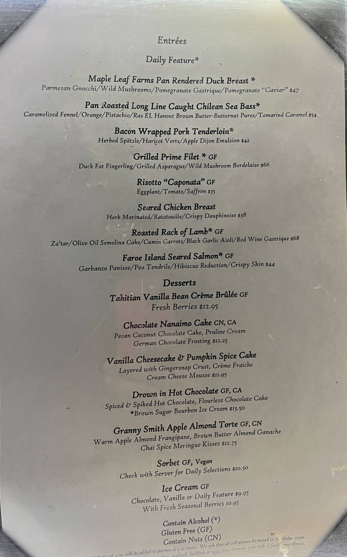 Menu at Different Pointe of View restaurant, Phoenix, N 7th St