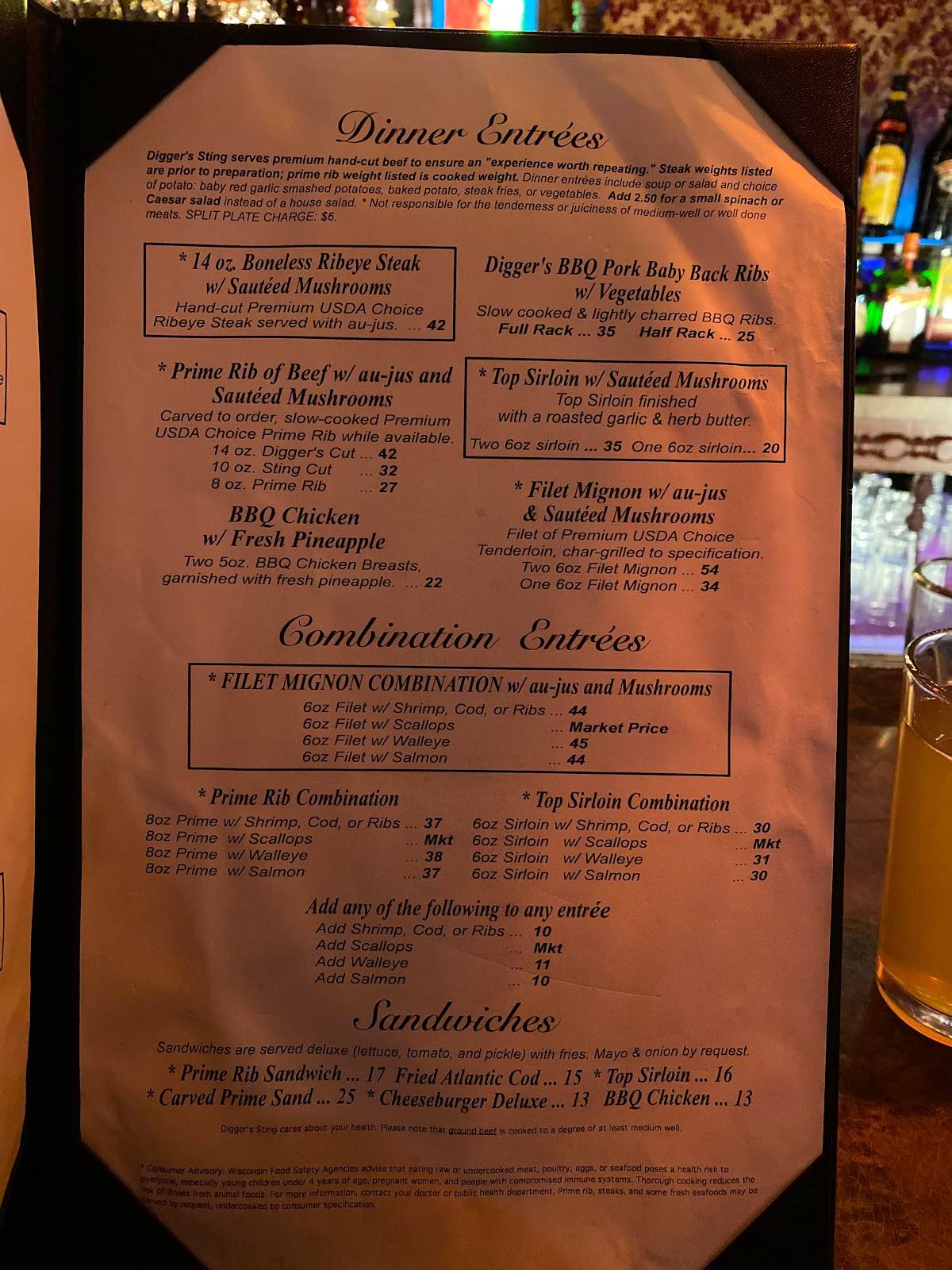 Menu at Digger's Sting Restaurant, La Crosse