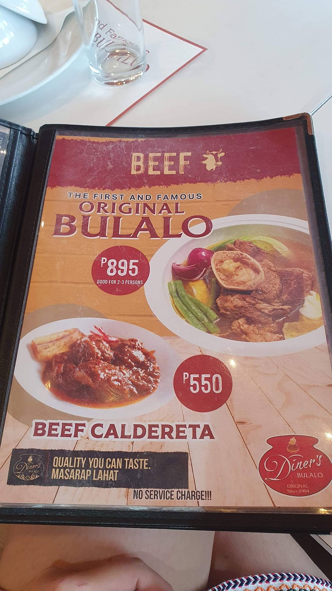 Menu at Diner's Original Bulalo restaurant, Tagaytay, 3WXC+CQ2