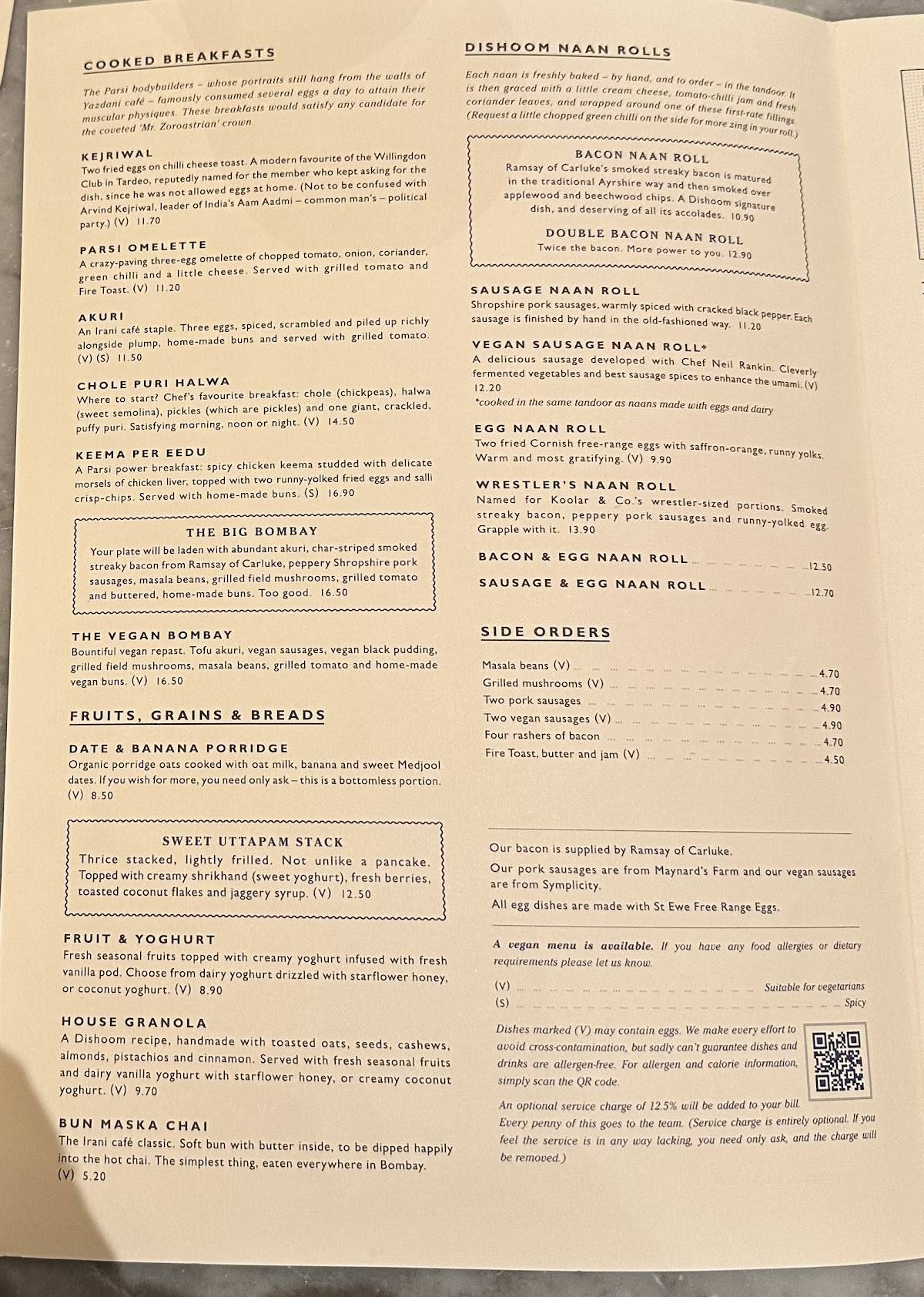 Menu at Dishoom Kensington restaurant, London, 4 Derry St