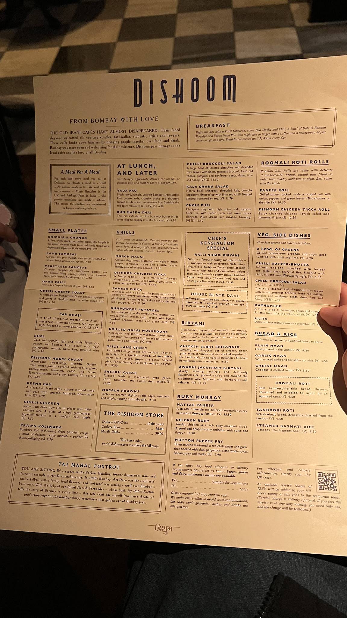 Menu at Dishoom Kensington restaurant, London, 4 Derry St