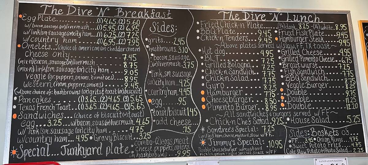 Menu at The Dive N restaurant, Pineville