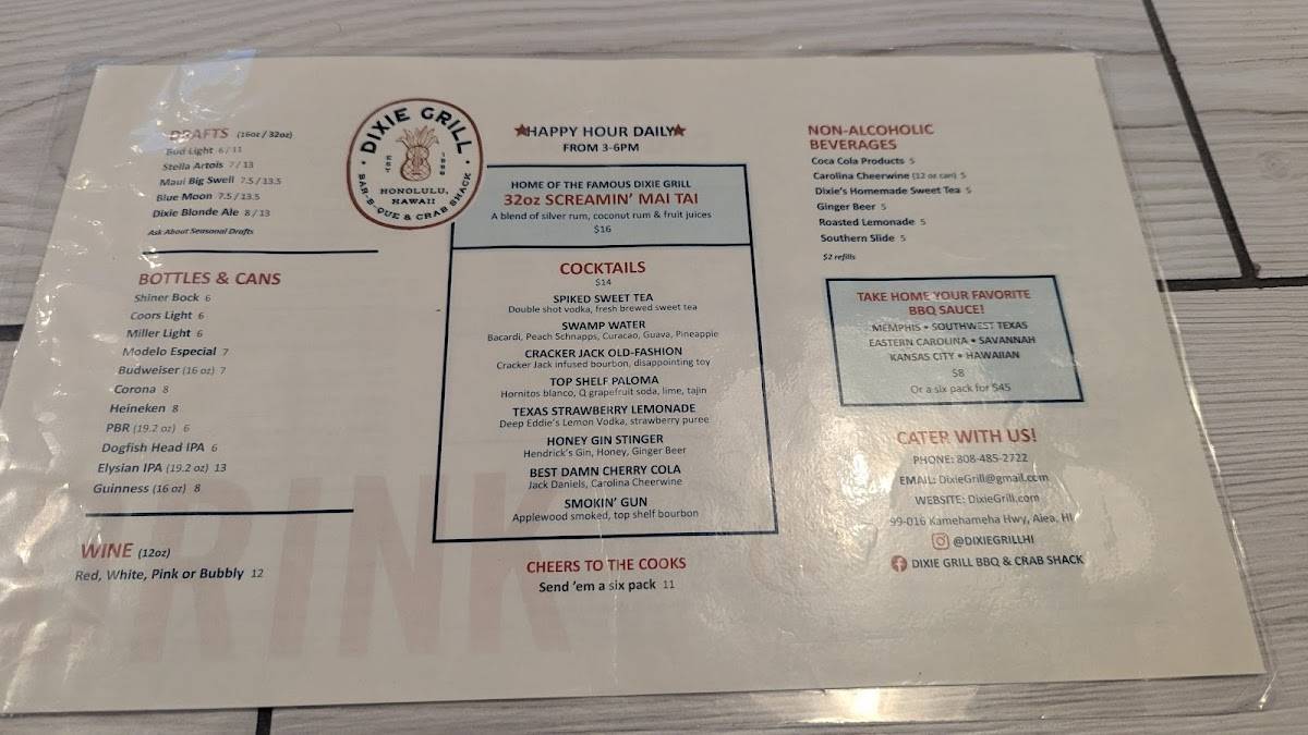 Menu at Dixie Grill BBQ & Crab Shack, Aiea, 99-016 Kamehameha Hwy