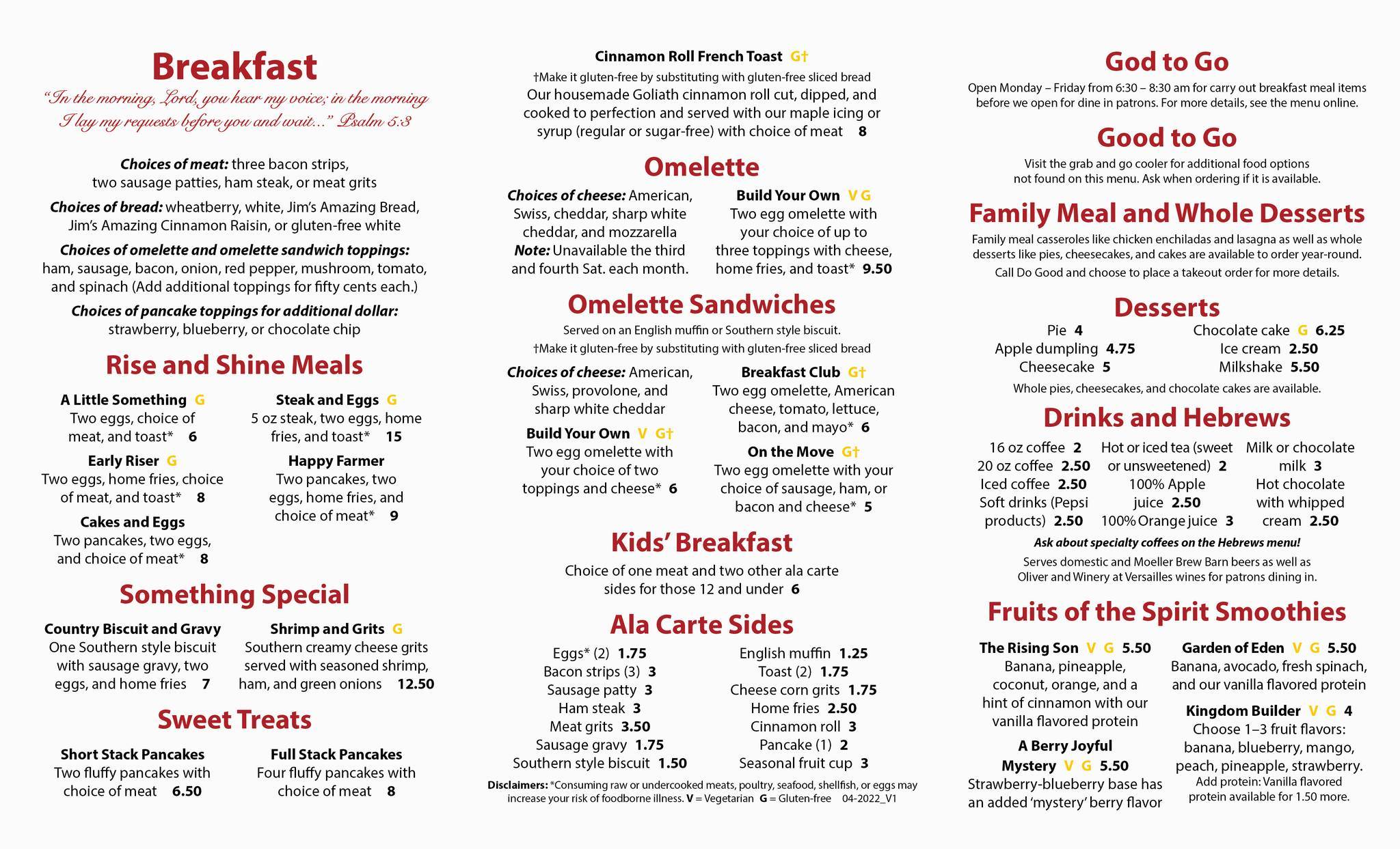 Menu at Do Good Restaurant and Ministry, Osgood, 25 Main St