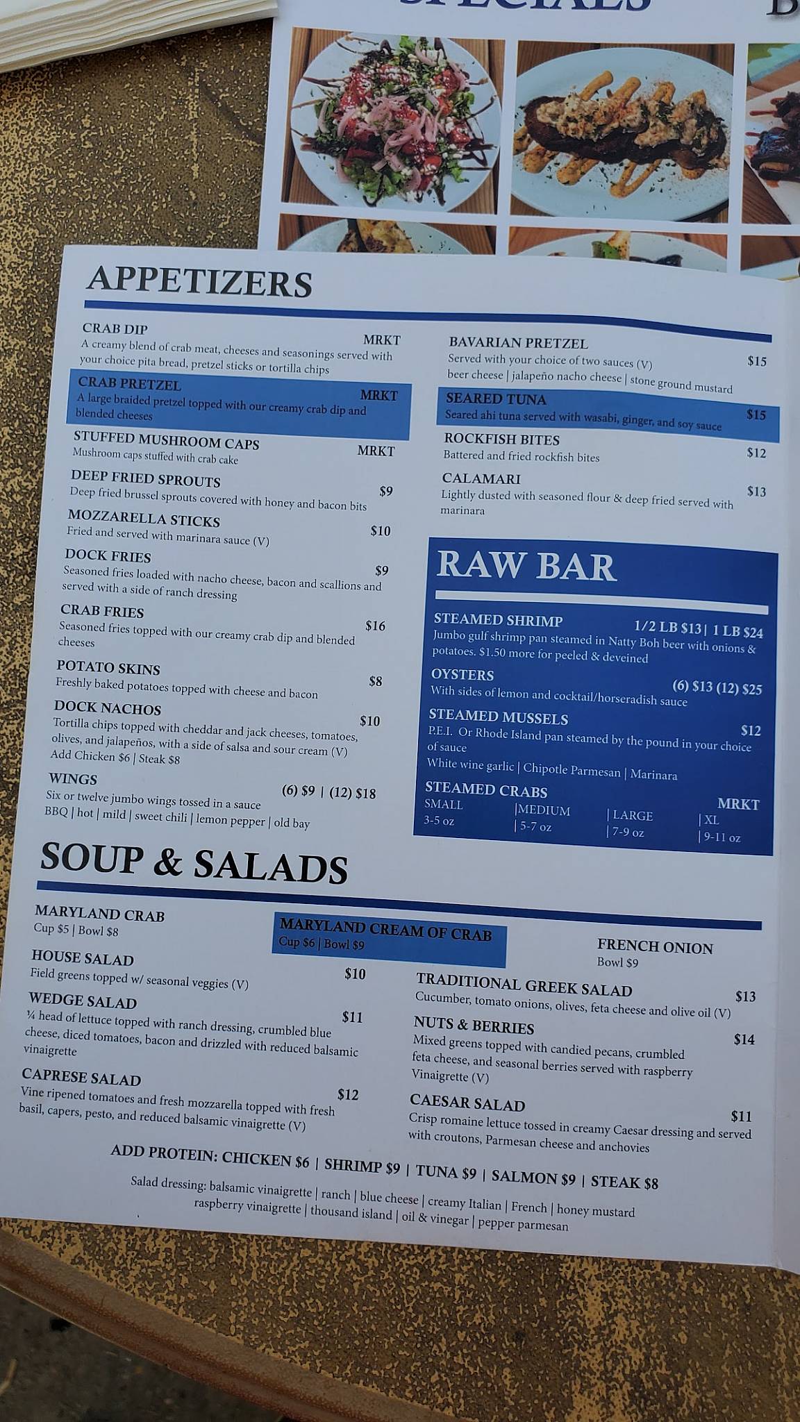 Menu at Dock of the Bay restaurant, Dundalk