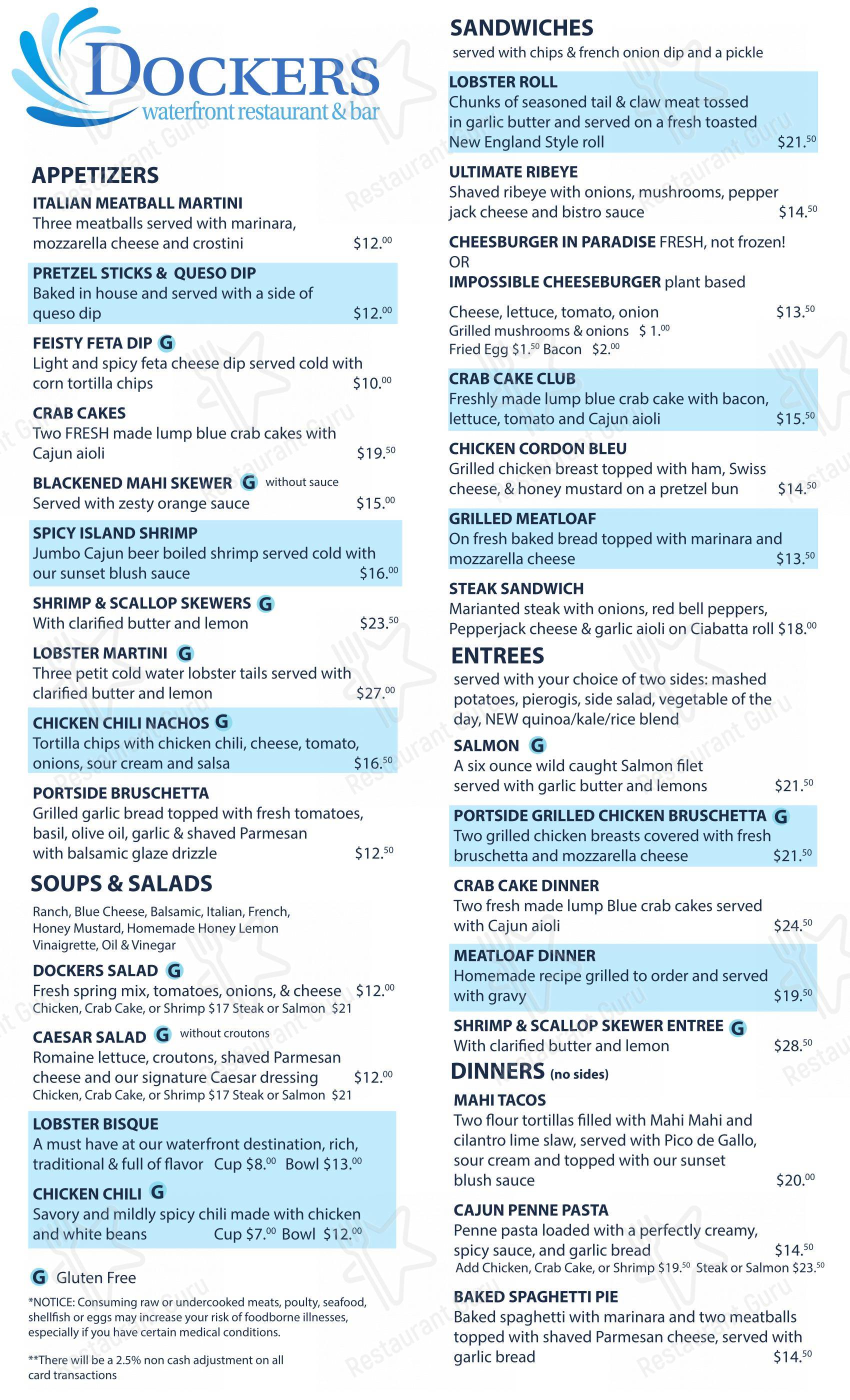 Menu at Dockers Waterfront Bar and Restaurant, Kelleys Island