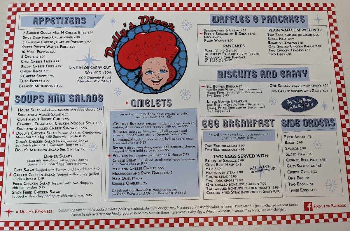 Menu at Dolly's Diner restaurant, Princeton, 909 Oakvale Rd