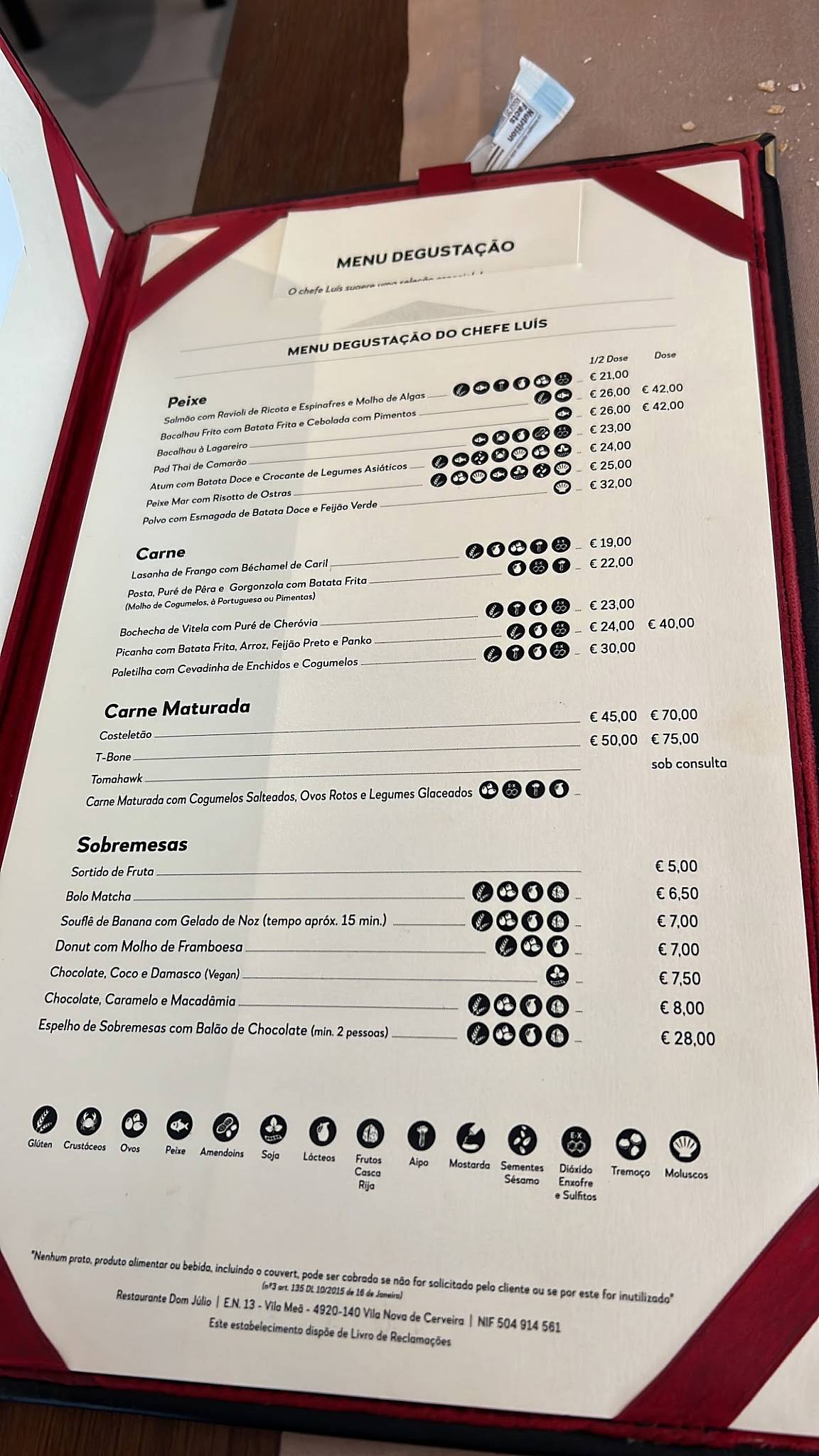 Carta del restaurante Dom Júlio, Portugal, R. da Tomada
