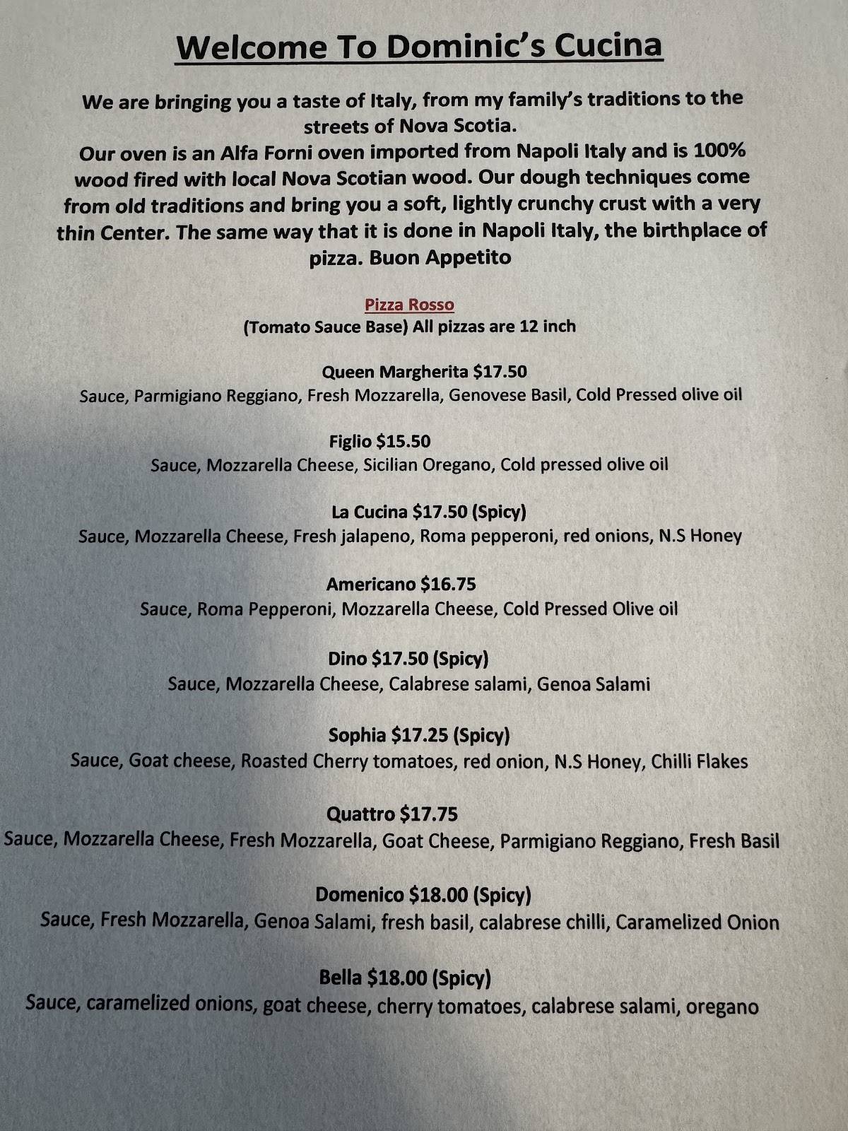 Menu at Dominic's Cucina pizzeria, Dartmouth