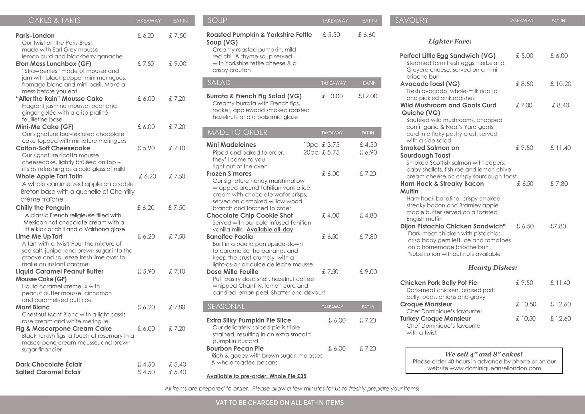Menu at Dominique Ansel Bakery London, London, 17-21 Elizabeth St
