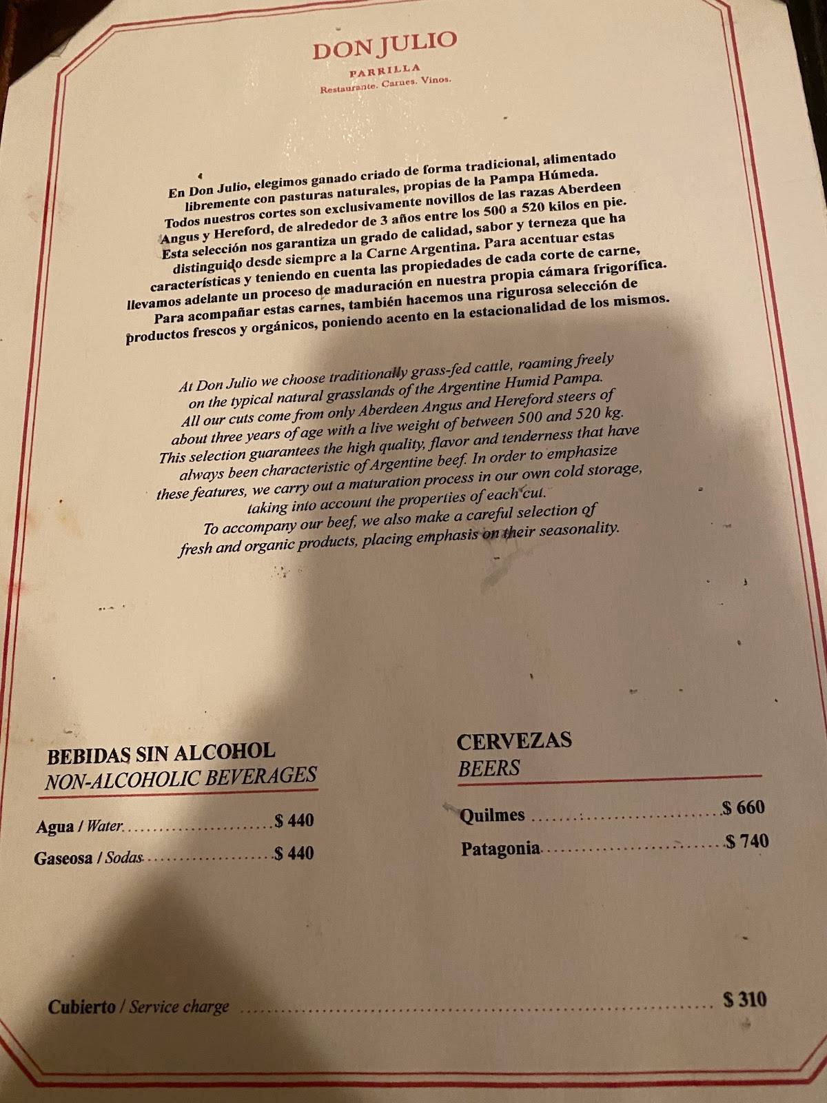 Menu at Don Julio steakhouse, Buenos Aires, Guatemala 4699