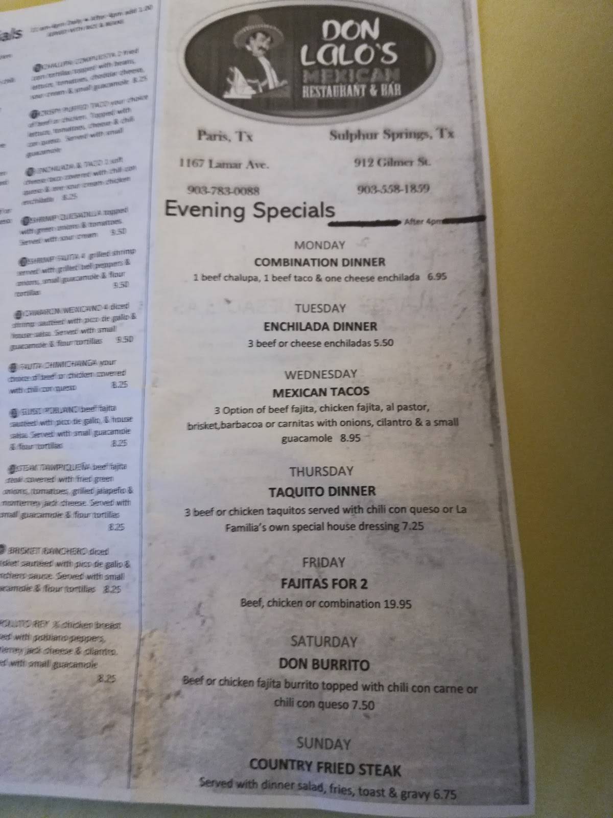 Menu at Don Lalo's, SS restaurant, Sulphur Springs