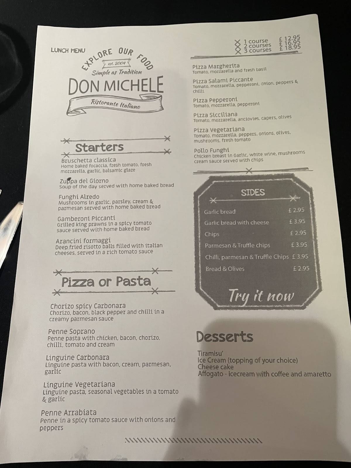 Menu at Don Michele Italian Restaurant, Dundee