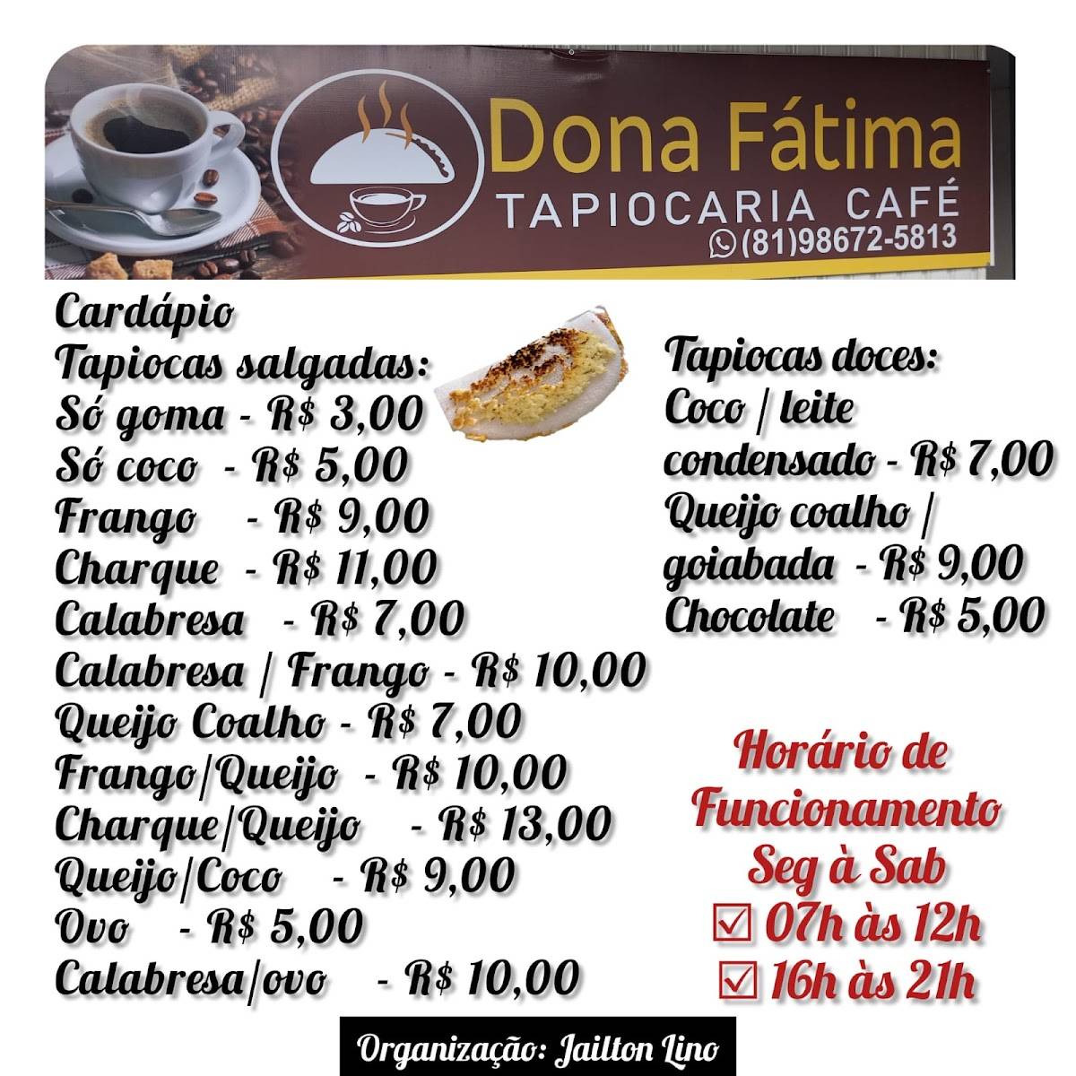 Menu em Dona Fátima Tapiocaria, Pedras de Fogo