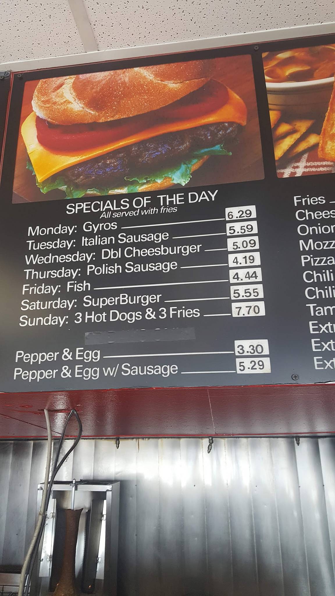 Menu at Donald's Famous Hot Dogs restaurant, Chicago, S Central Ave