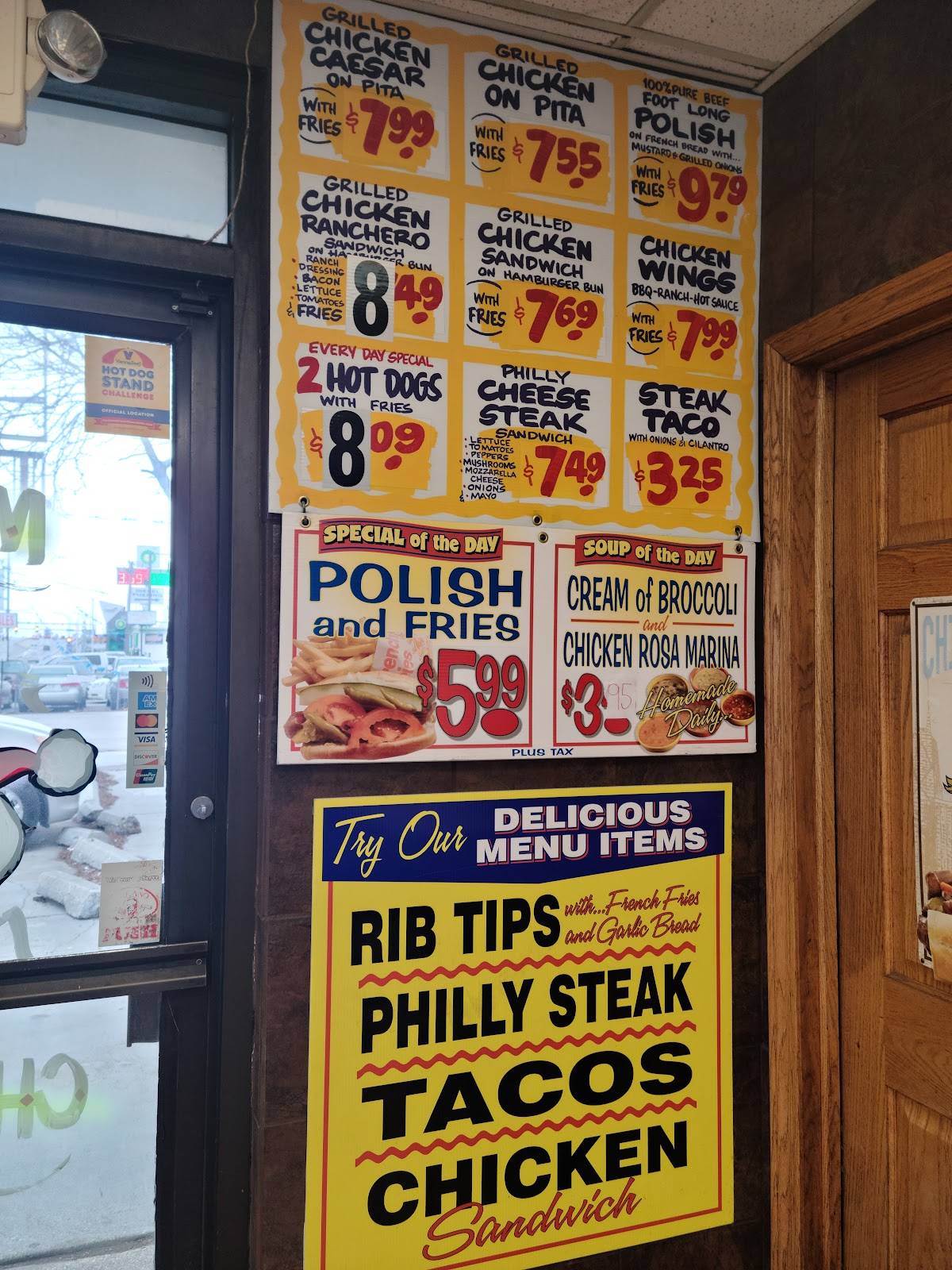 Menu at Donald's Famous Hot Dogs restaurant, Chicago, S Central Ave