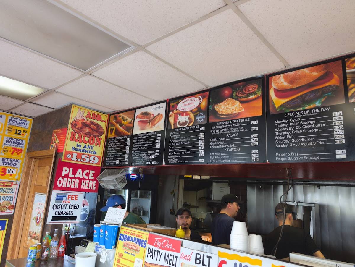 Menu at Donald's Famous Hot Dogs restaurant, Chicago, S Central Ave