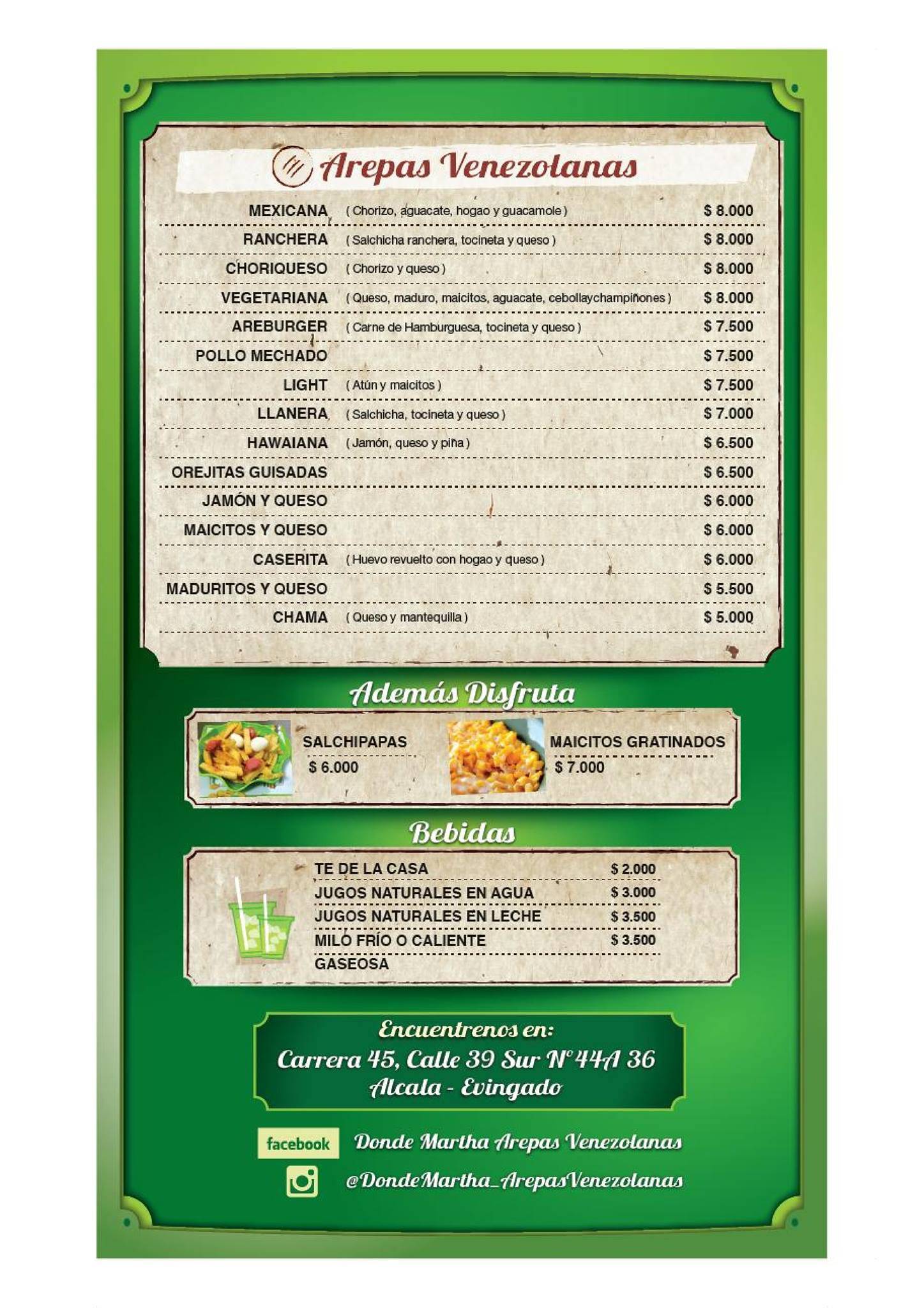 Menu at Donde Martha Arepas Venezolanas restaurant, Envigado