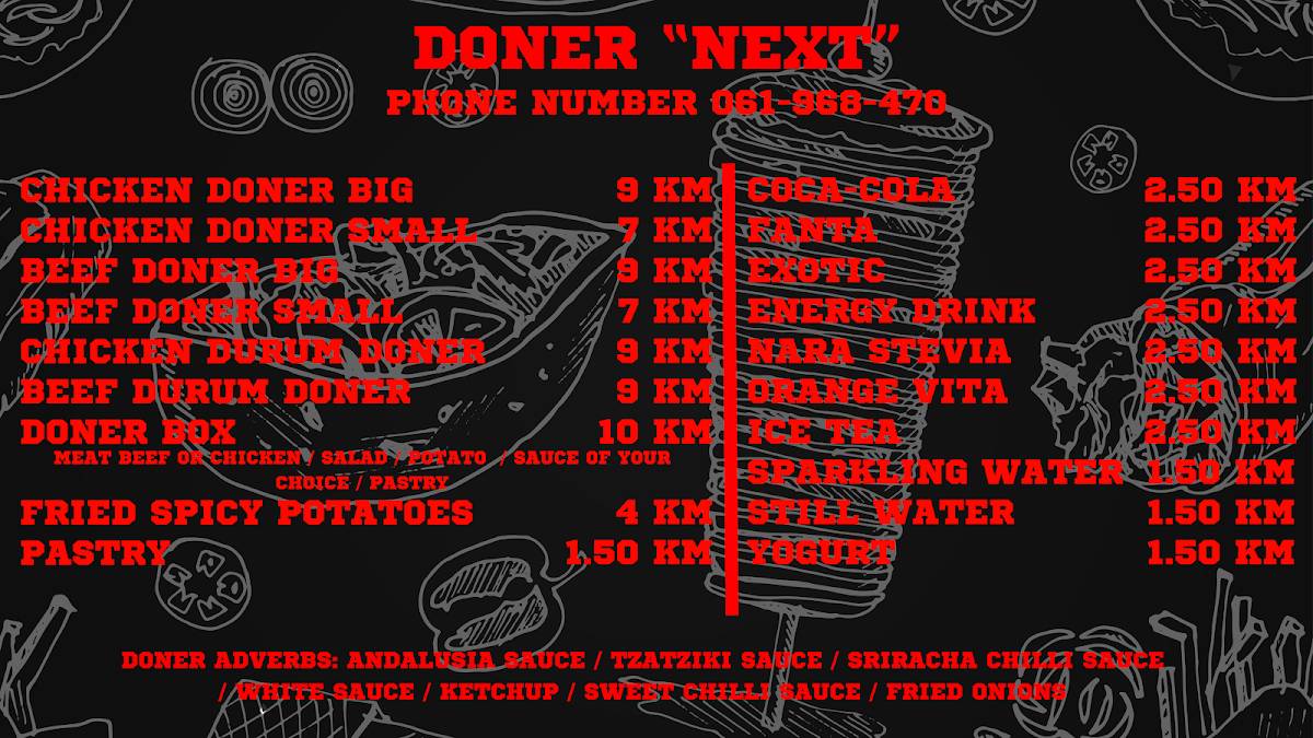 Menu at Doner "NEXT" restaurant, Sarajevo