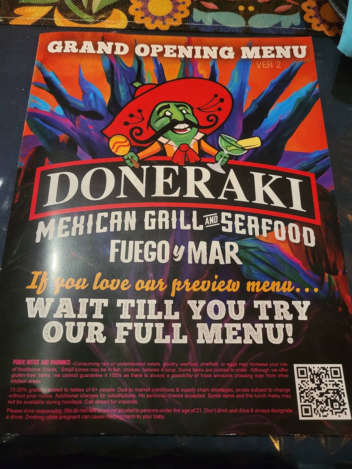 Menu at Doneraki Fuego y Mar Mexican Grill restaurant, Katy