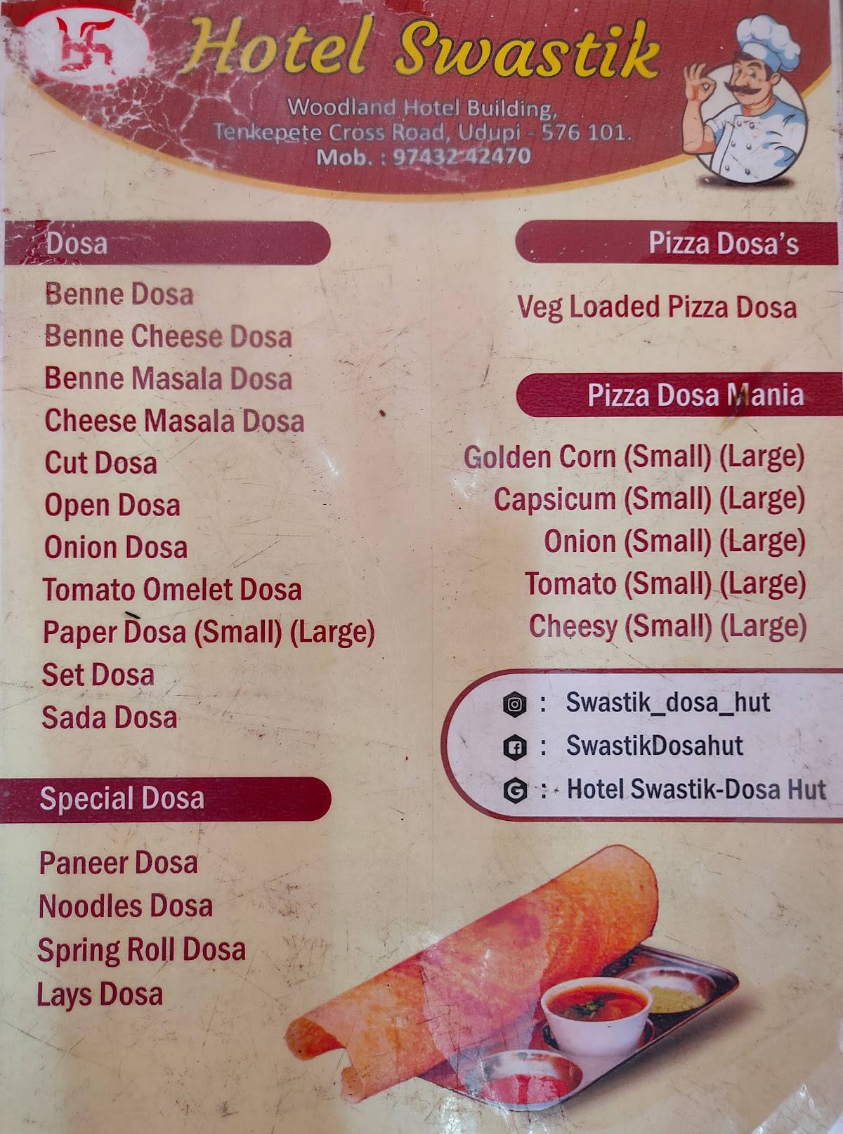 Menu at Dosa Hut (Hotel Swastik), Udupi