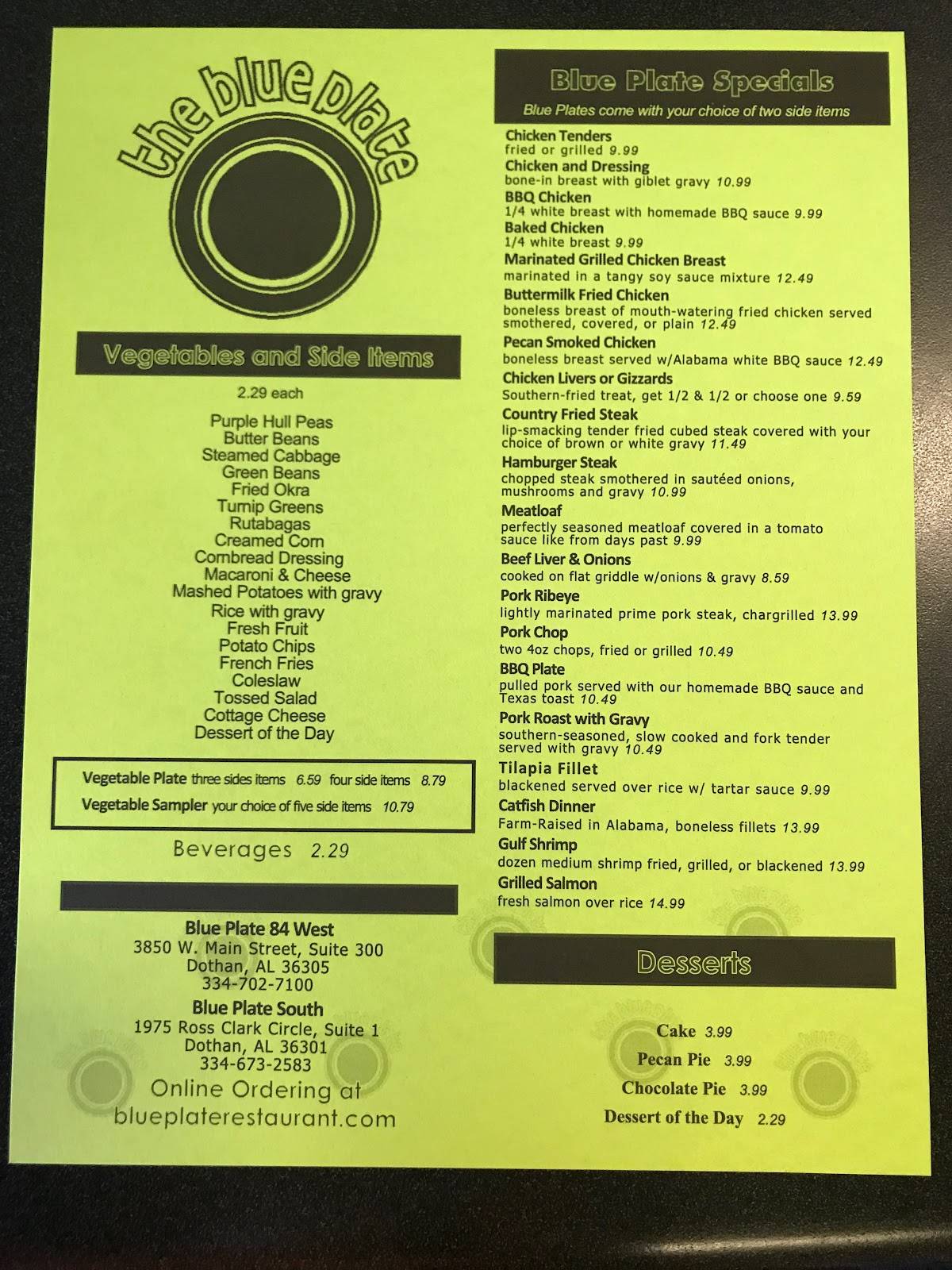 Menu at The Blue Plate - South restaurant, Dothan, Ross Clark Cir