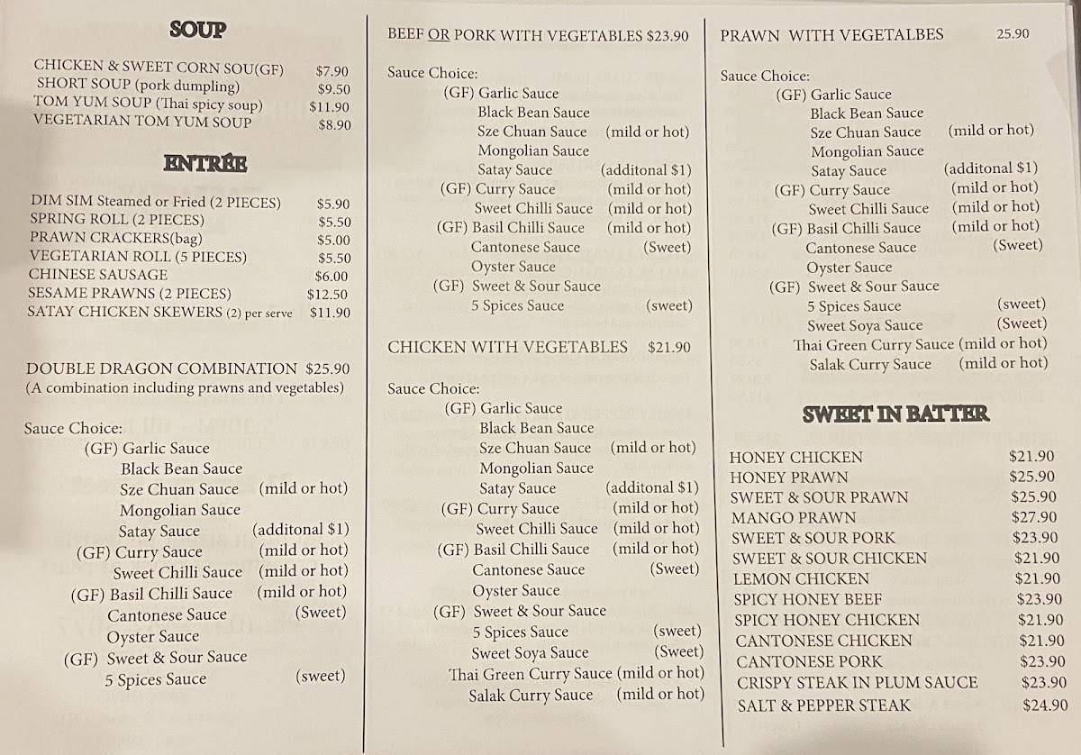 Menu at Double Dragon Chinese Moama restaurant, Moama