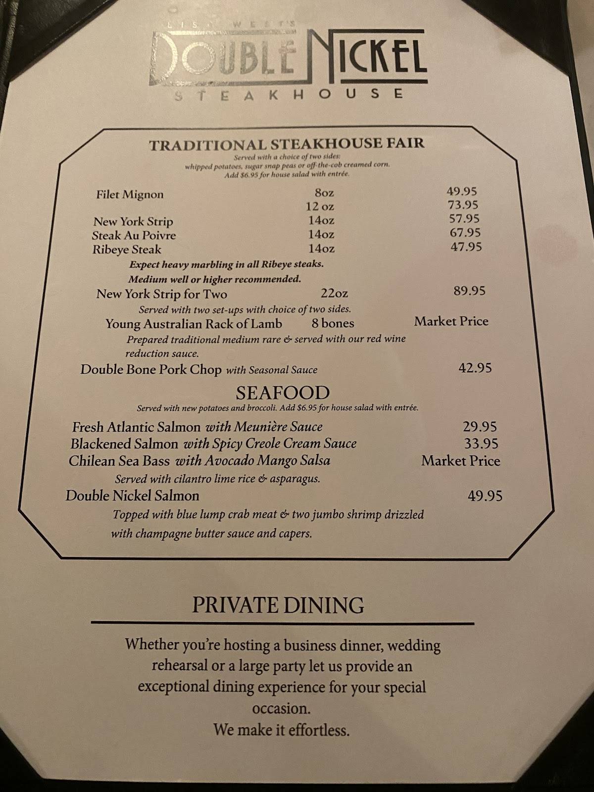 Menu at Double Nickel Steakhouse, Lubbock