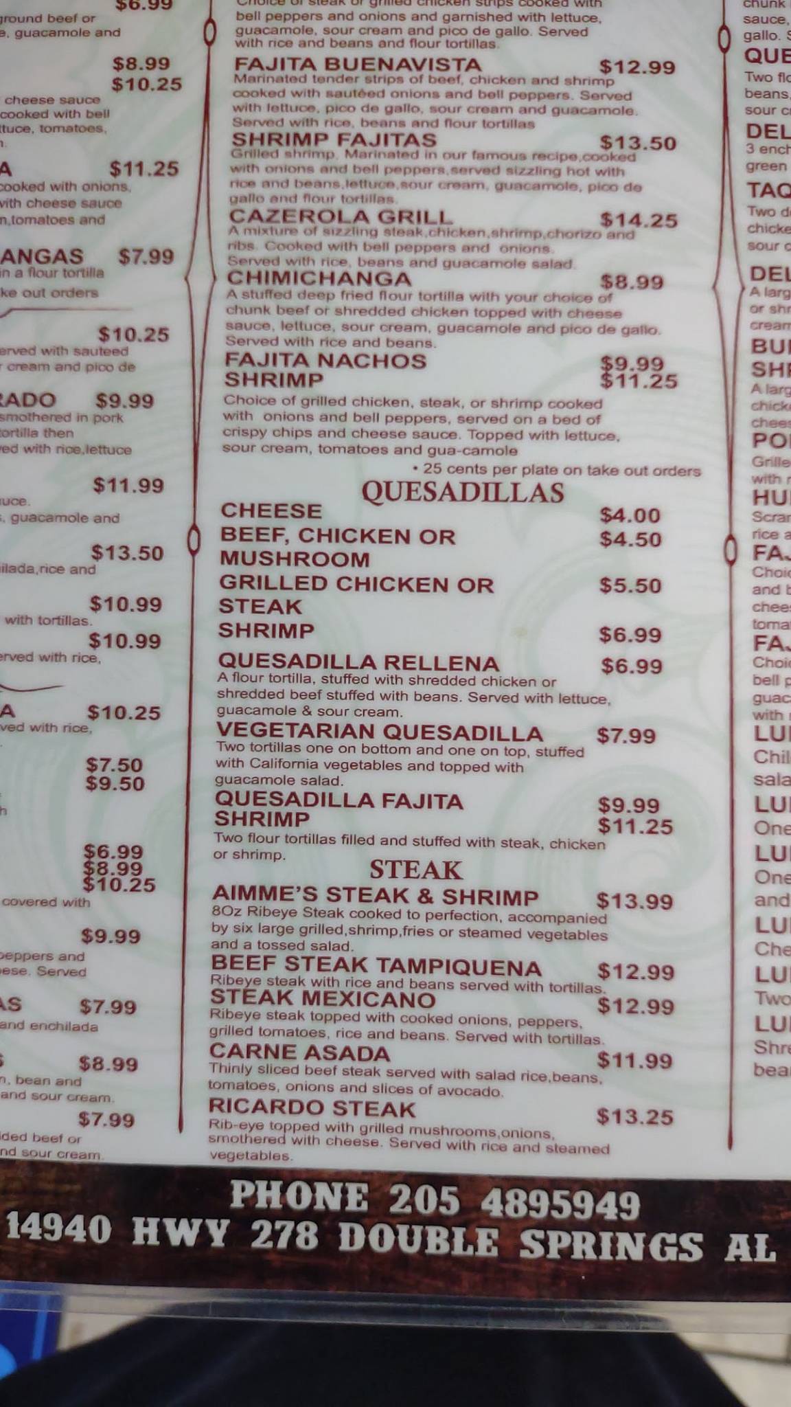 Menu at Buena Vista restaurant, Double Springs