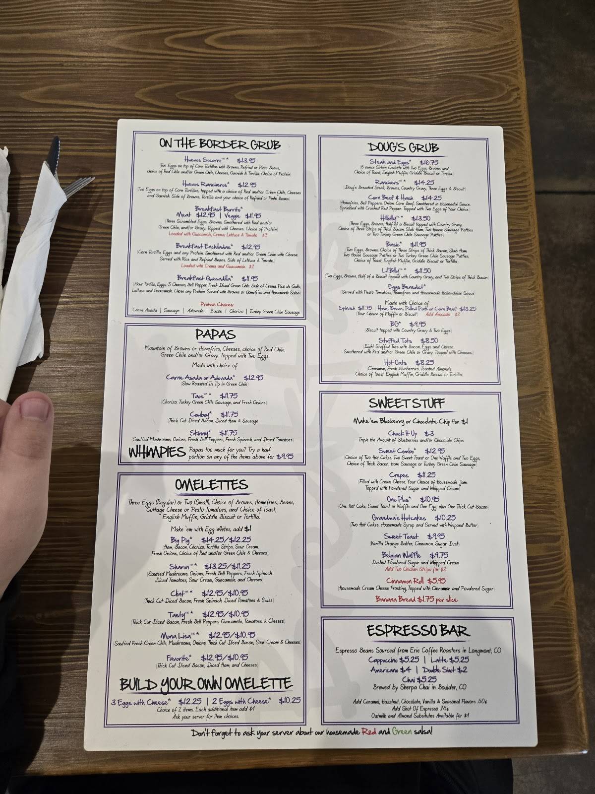 Menu at Doug's Diner restaurant, Longmont
