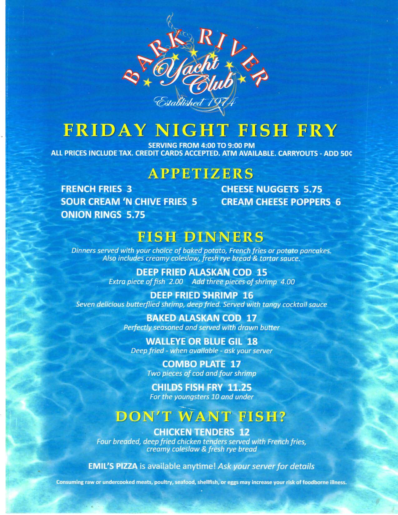 Menu at Bark River Yacht Club, Dousman