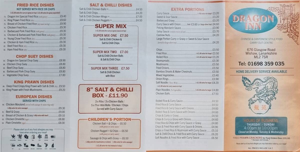 Menu at Dragon Inn fast food, Wishaw