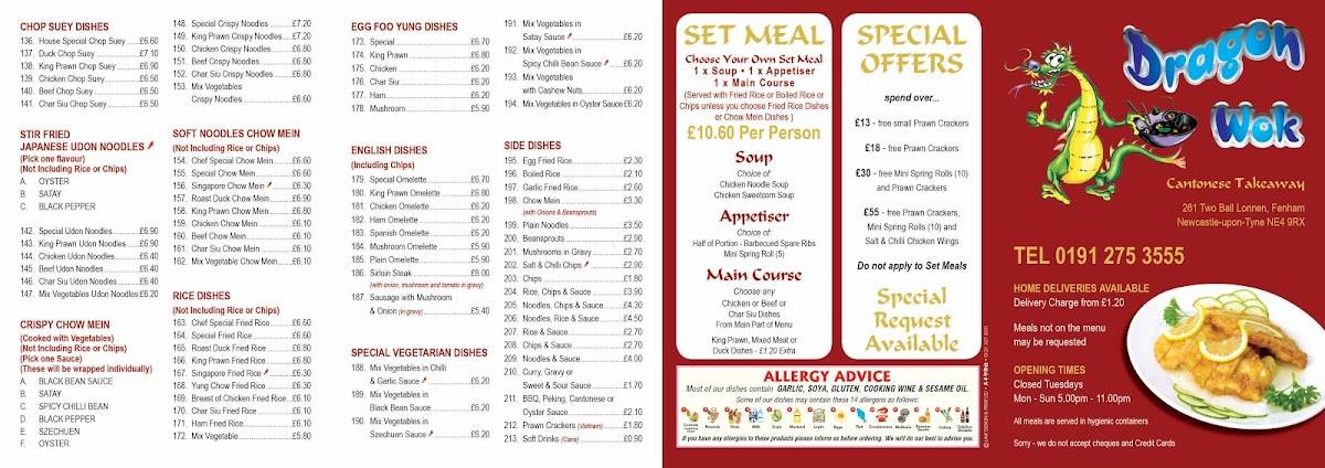 Menu at Dragon Wok, Newcastle upon Tyne