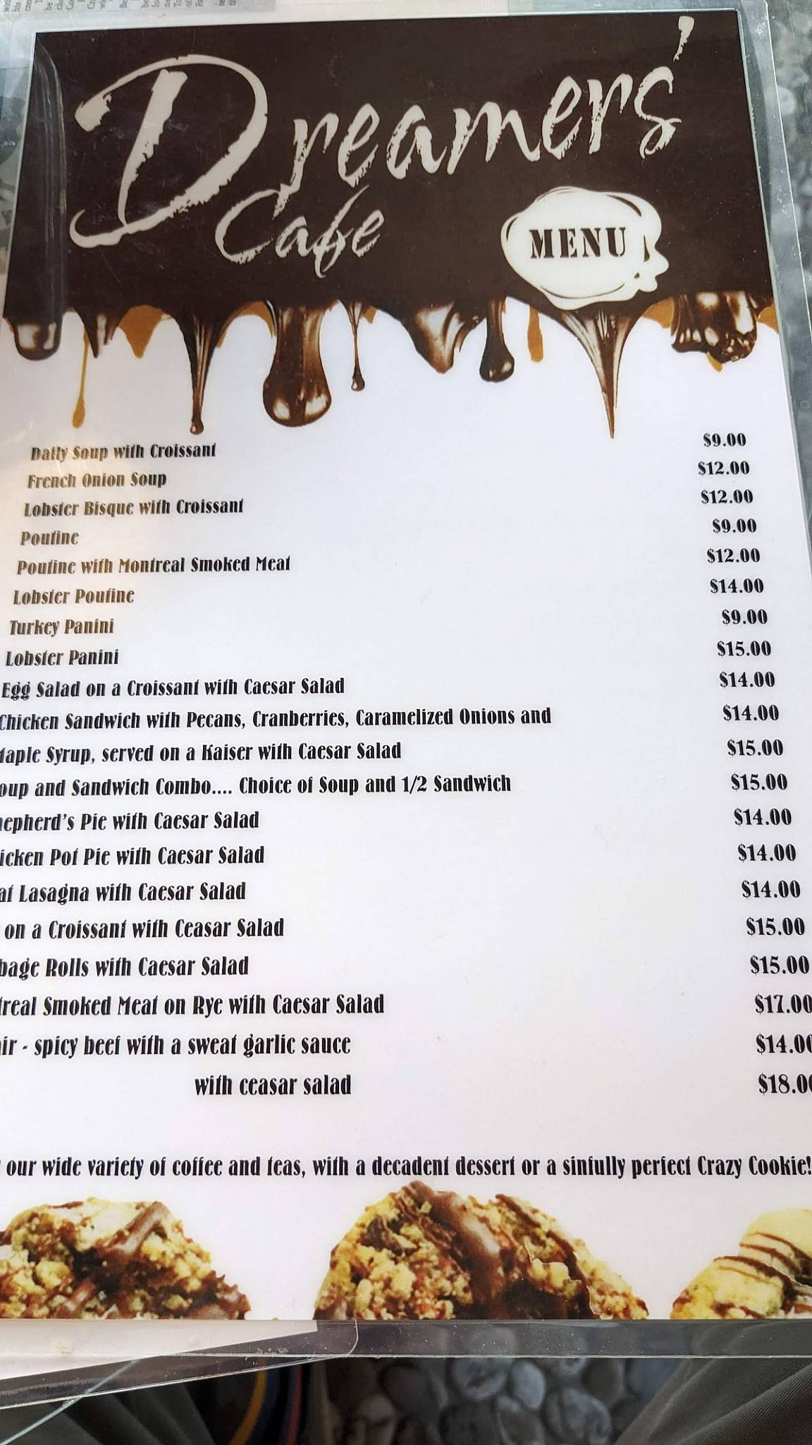 Menu at Dreamer's Cafe, Port Hope