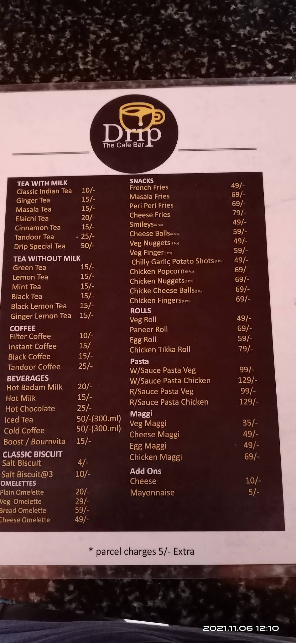 Menu at Drip The Cafe Bar, Bengaluru, Basavanapura Main Rd