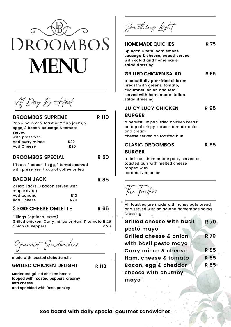 Menu at Droombos - Garden Route, Groot Brakrivier