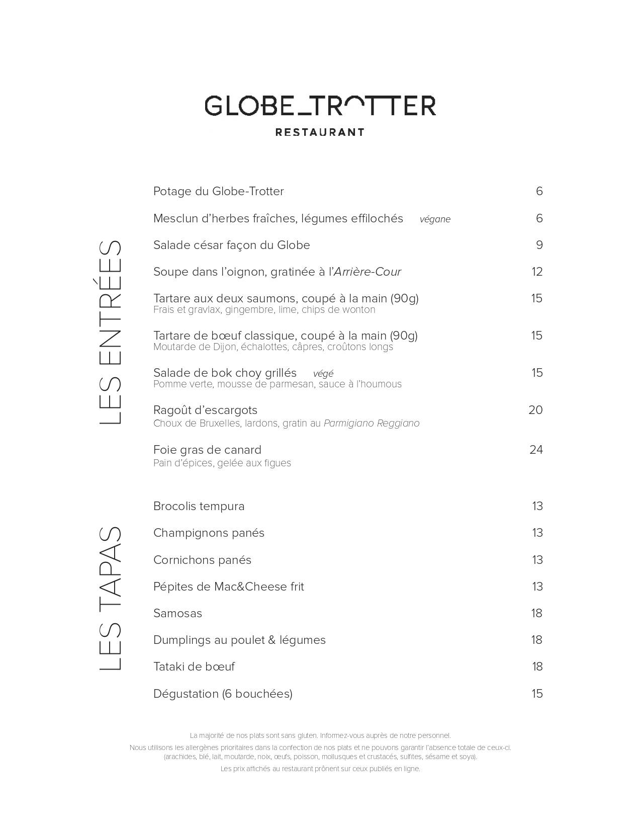 Menu au Restaurant Globe-Trotter, Drummondville