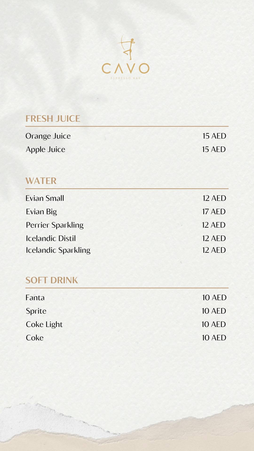 Menu at Cavo Espresso Bar, Dubai, Al beteel street