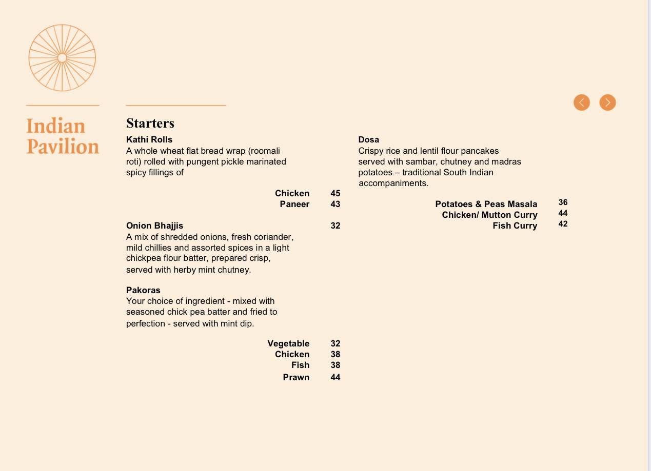 Carta del restaurante Indian Pavilion, Dubai, Umm Al Sheif Rd
